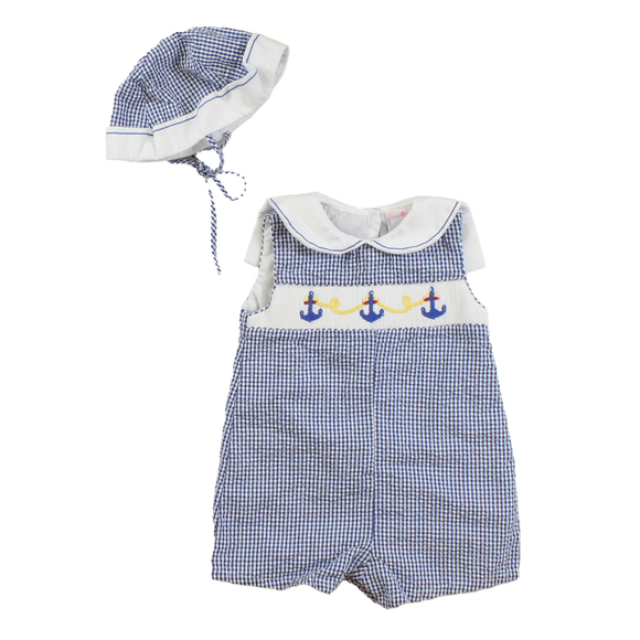 Petit Ami | Bottoms | Petit Ami Boys Blue White Smocked Romper Size 6 Months | Poshmark